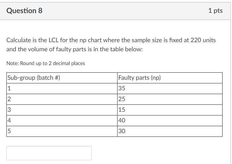 Solved Question 8 1 pts Calculate is the LCL for the np | Chegg.com