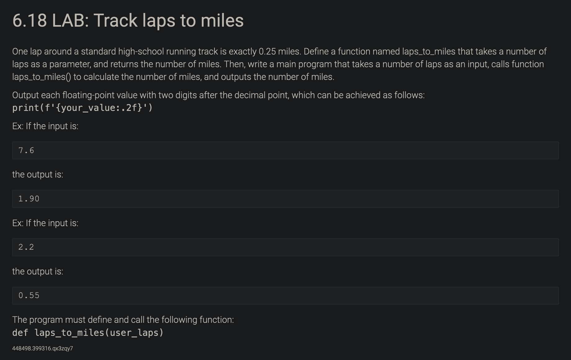Solved 6.18 LAB: Track laps to miles One lap around a | Chegg.com