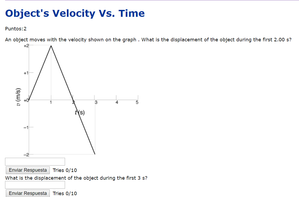 Solved Object's Velocity Vs. Time Puntos: 2 An object moves | Chegg.com