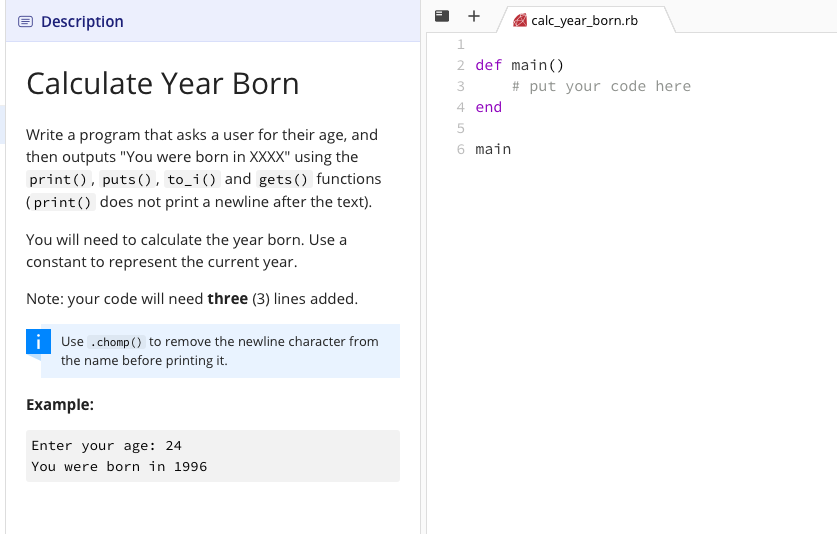 Solved = Description Calculate Year Born + calc_year_born.rb | Chegg.com