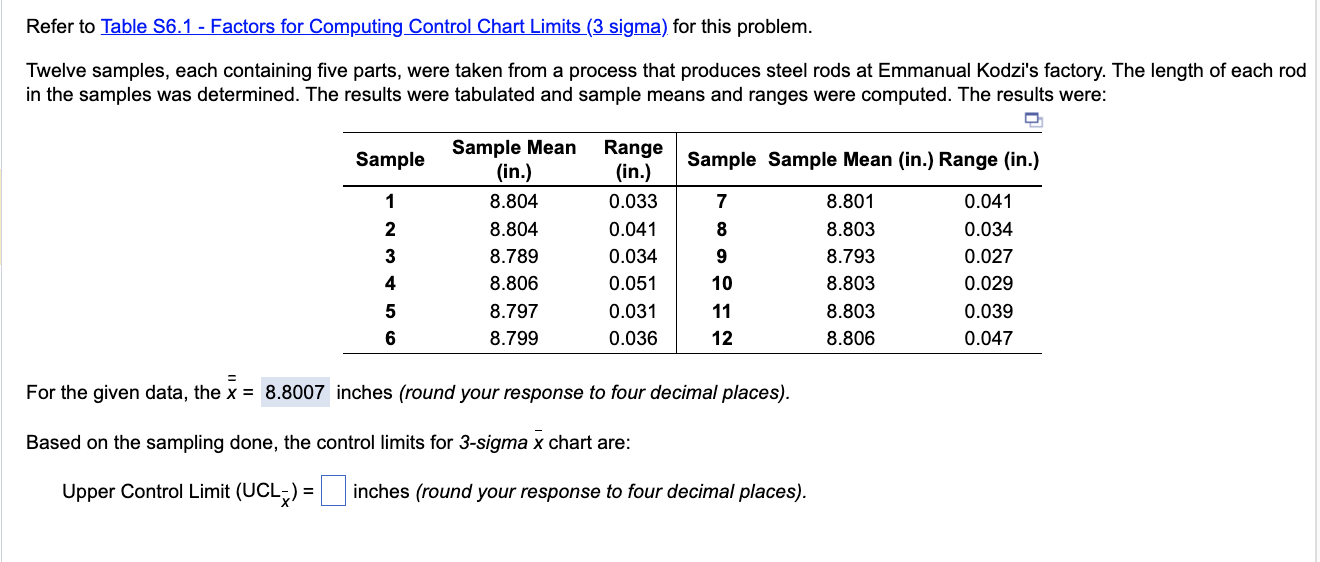 Solved Refer to Table S6.1 - Factors for Computing Control | Chegg.com