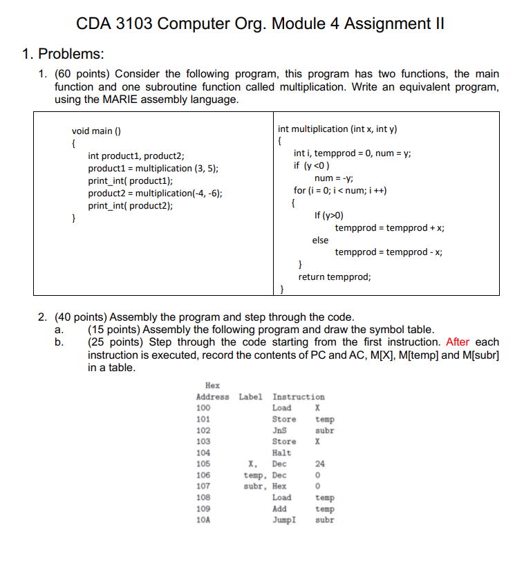 Solved CDA 3103 Computer Org. Module 4 Assignment || 1. | Chegg.com