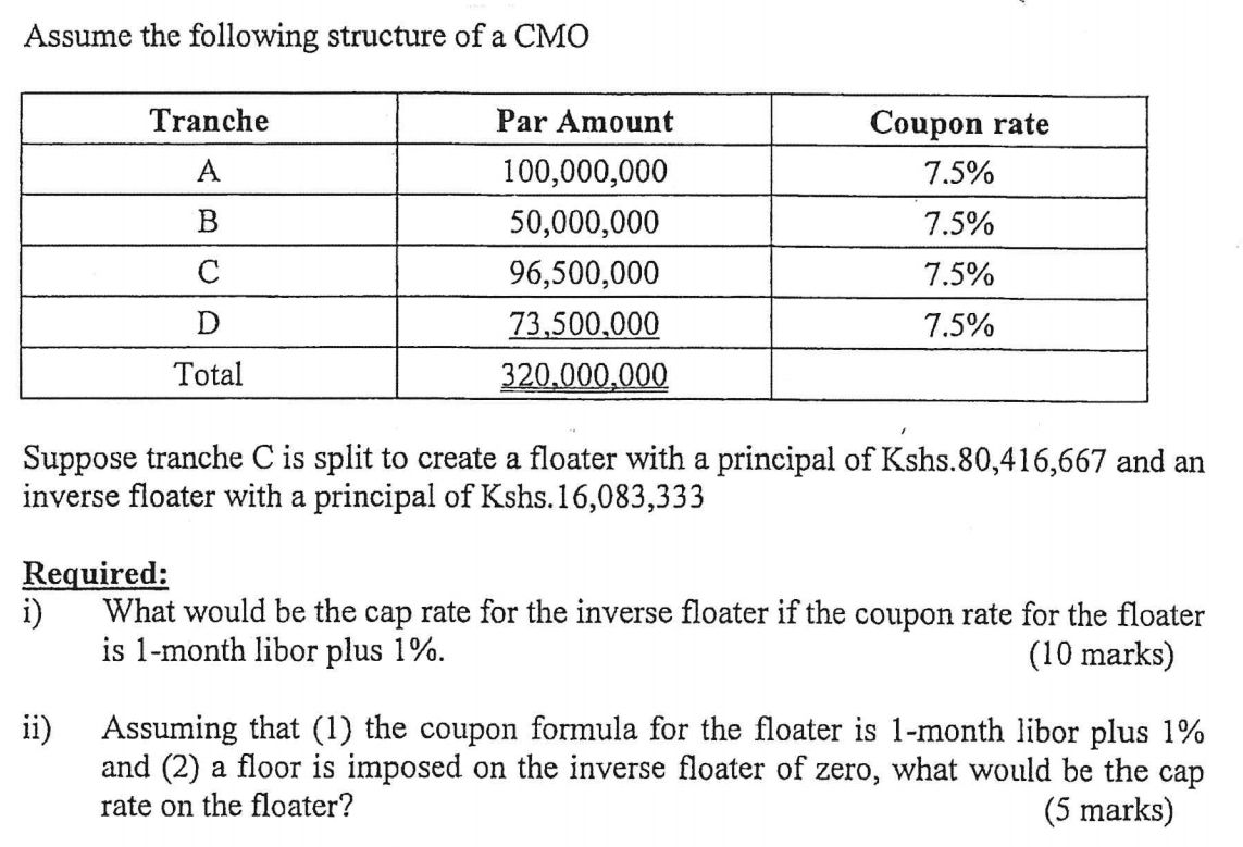 Assume the following structure of a CMO Tranche A Par | Chegg.com