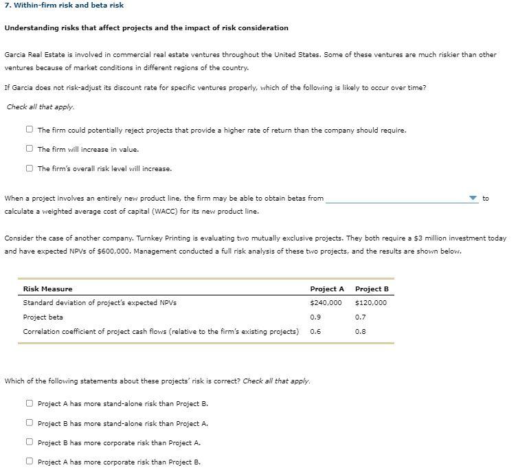 Solved 7. Within-firm risk and beta risk Understanding risks | Chegg.com