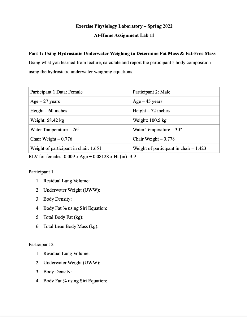 Exercise Physiology Laboratory - Spring 2022 At-Home | Chegg.com