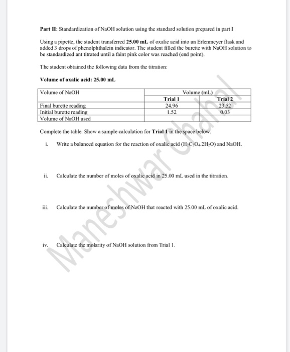 Solved Part Il: Standardization of NaOH solution using the | Chegg.com