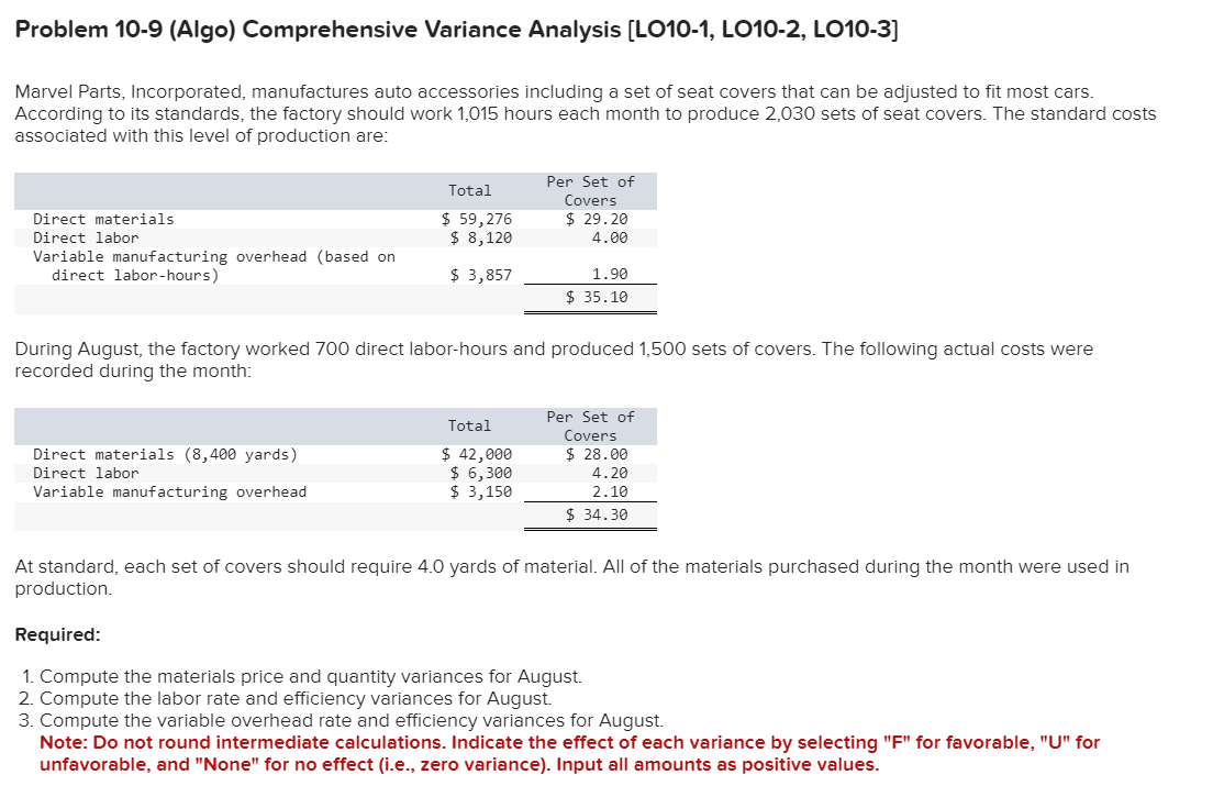 Solved Problem 10-9 (Algo) Comprehensive Variance Analysis | Chegg.com