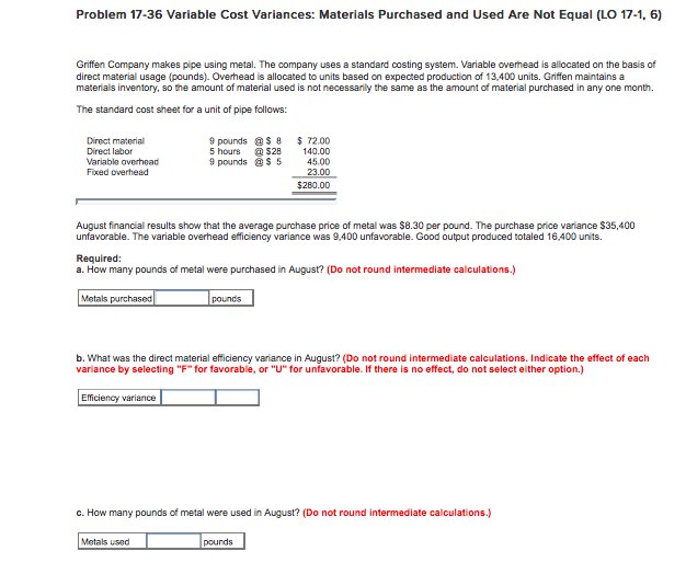 Solved Problem 17-36 Variable Cost Variances: Materials | Chegg.com