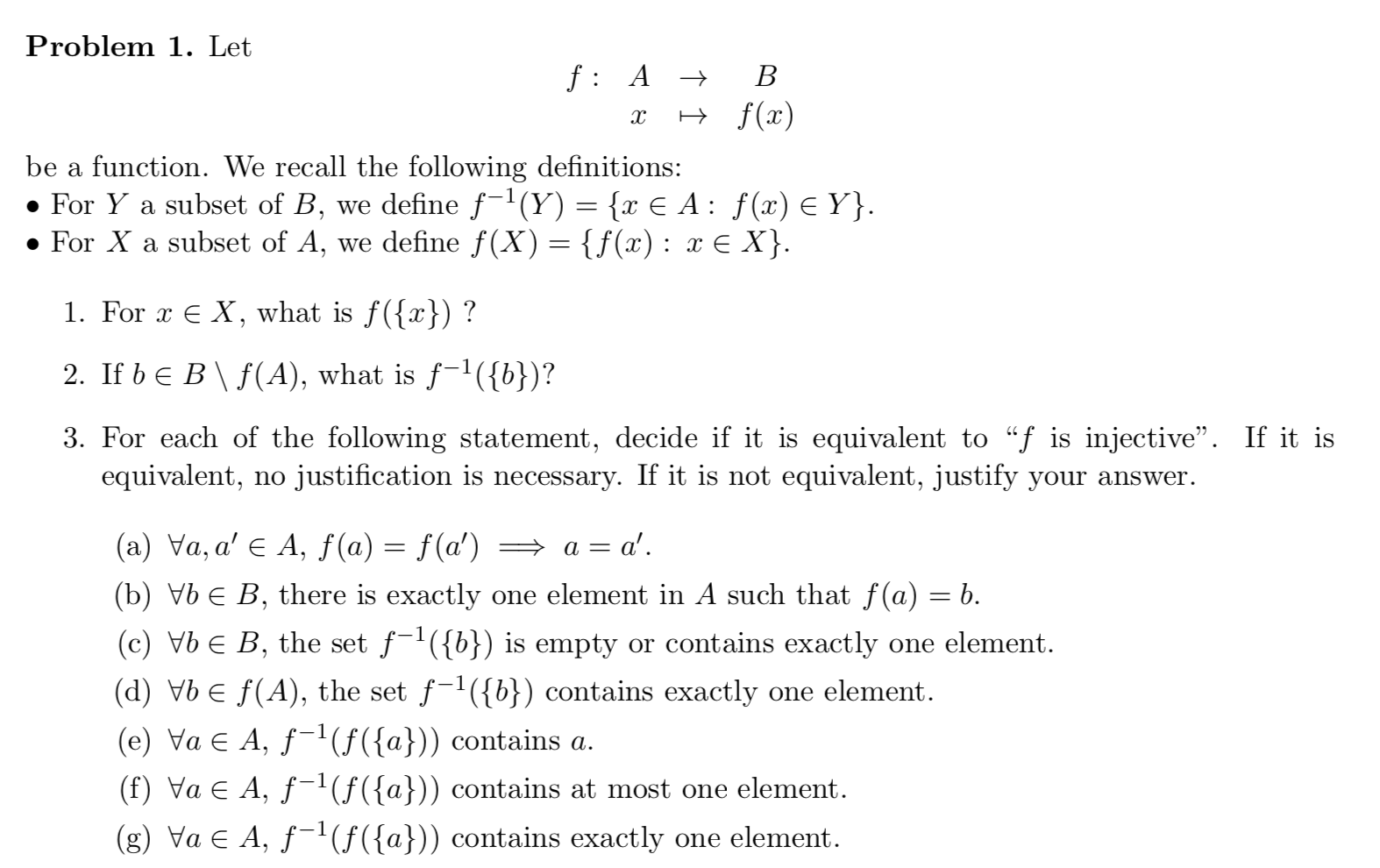 Solved Problem 1. Let f: A + B xH f(x) be a function. We | Chegg.com