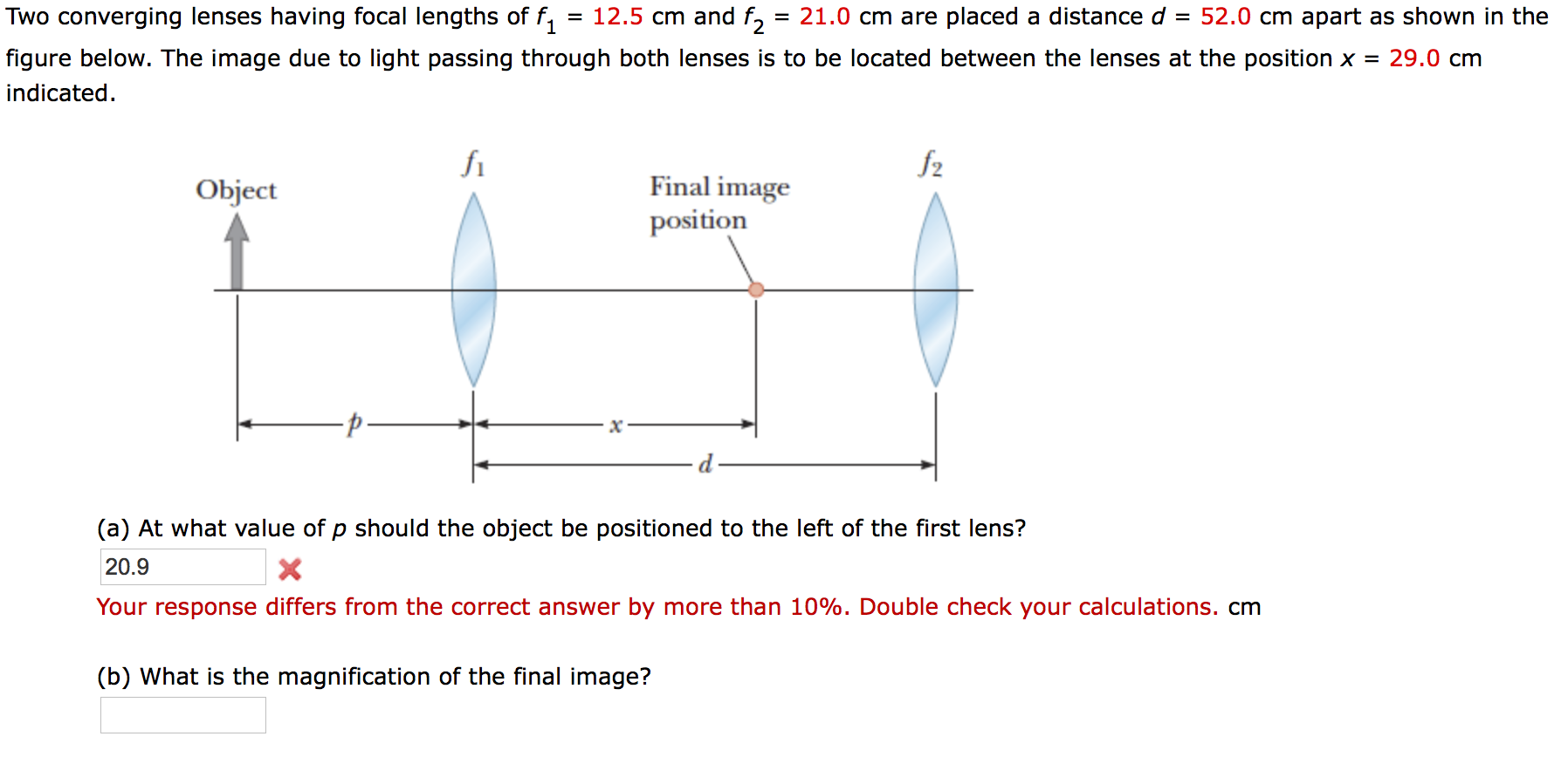 Solved Two converging lenses having focal lengths of f1 12.5 | Chegg.com