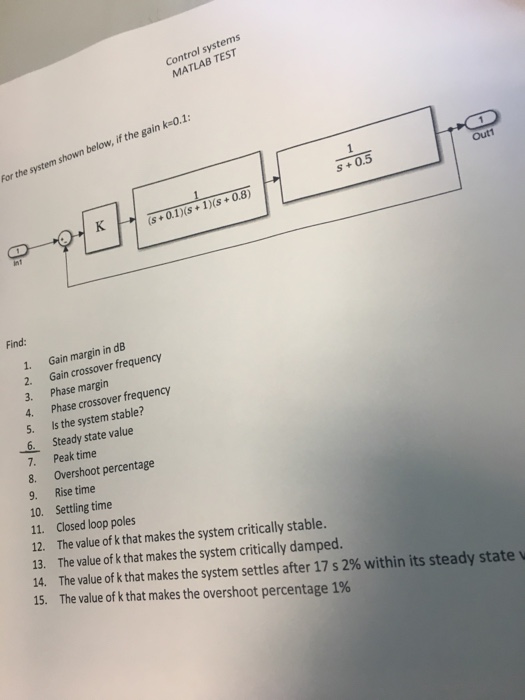 Solved Control systems MATLAB TEST For the system shown | Chegg.com