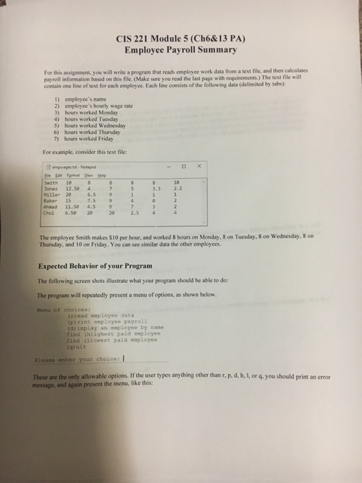 CIS 221 Module 5 (Ch6&13 PA) Employee Payroll Summary | Chegg.com