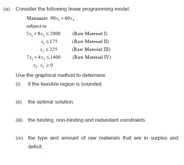 Solved (a). Consider the following linear programming model: | Chegg.com