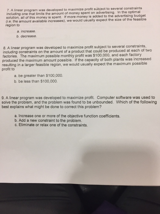 Solved A linear program was developed to maximize profit | Chegg.com