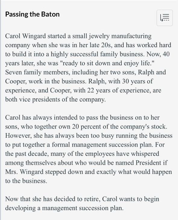 Solved Passing the Baton mi Carol Wingard started a small | Chegg.com