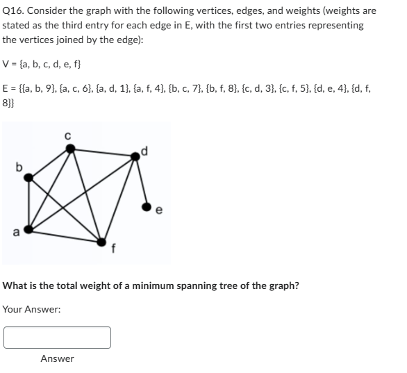 Solved Q16. ﻿Consider the graph with the following vertices, | Chegg.com