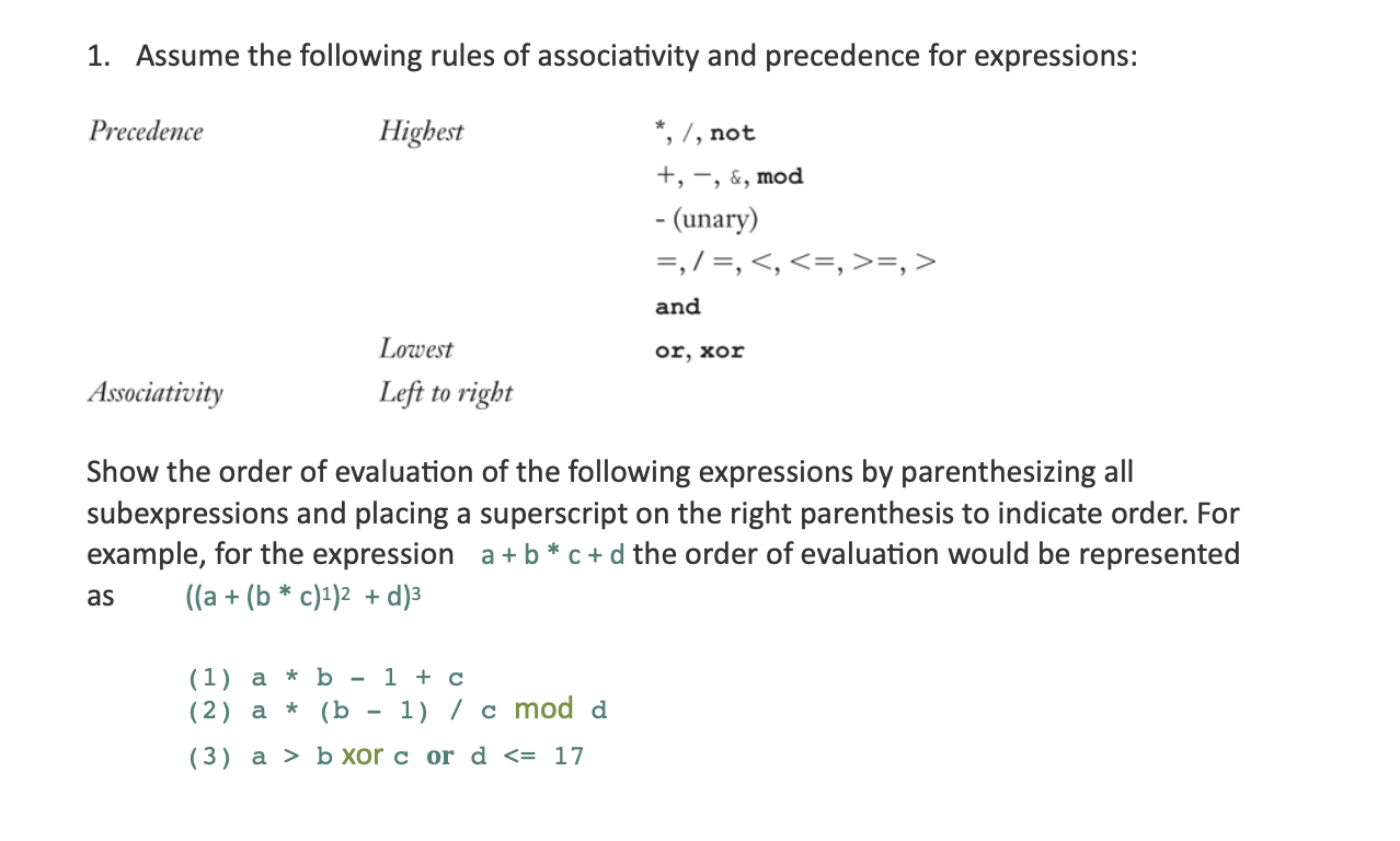 Solved 1. Assume the following rules of associativity and | Chegg.com