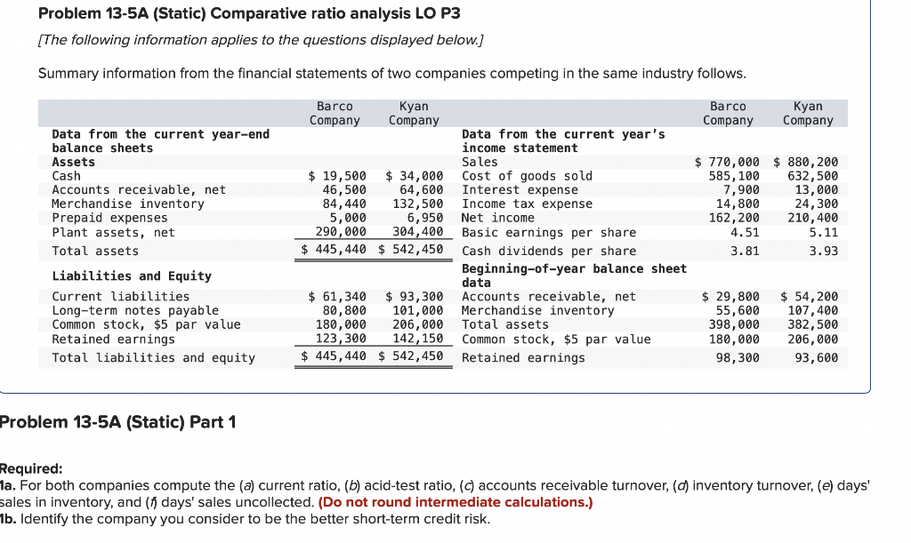 Solved Problem 13-5A (Static) Comparative ratio analysis LO | Chegg.com