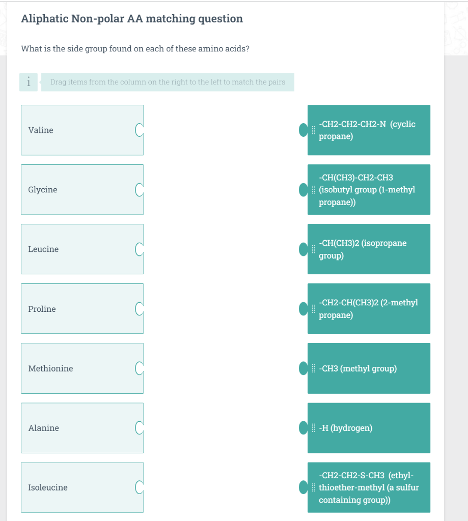 Solved Aliphatic Non-polar AA matching question What is the | Chegg.com