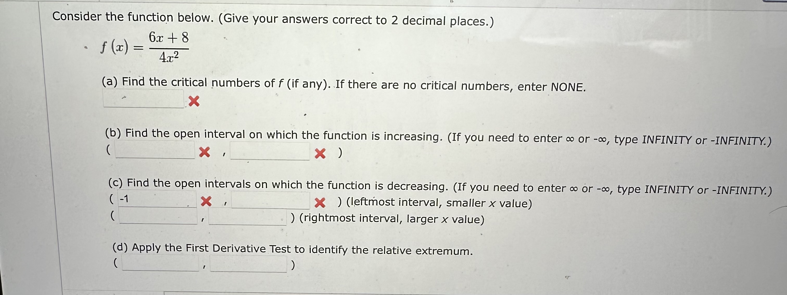 Solved sider the function below. (Give your answers correct | Chegg.com