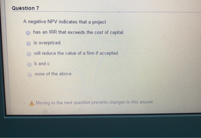 Solved A negative NPV indicates that a project has an IRR | Chegg.com
