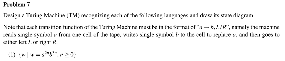 Solved Problem 7 Design a Turing Machine (TM) recognizing | Chegg.com