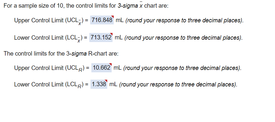 Solved For a sample size of 10 , the control limits for | Chegg.com