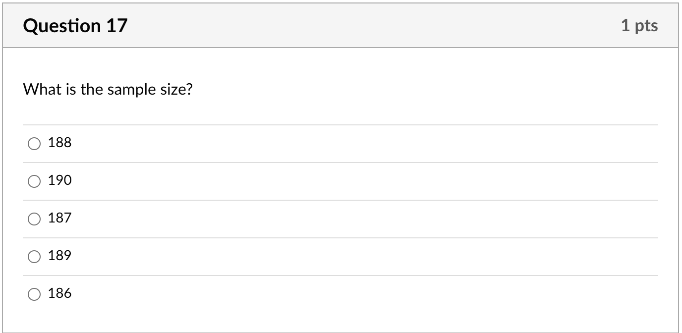 Solved Question 1/ 1 pts What is the sample size? 188 190 | Chegg.com