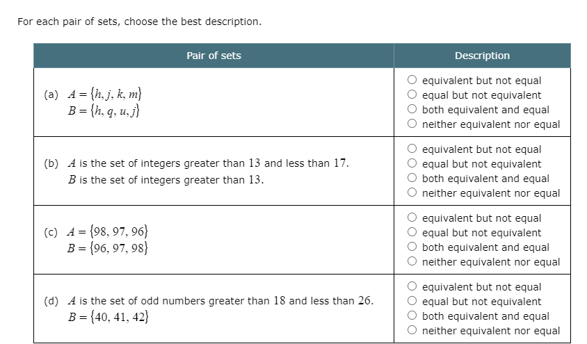 Solved For each pair of sets, choose the best description. | Chegg.com