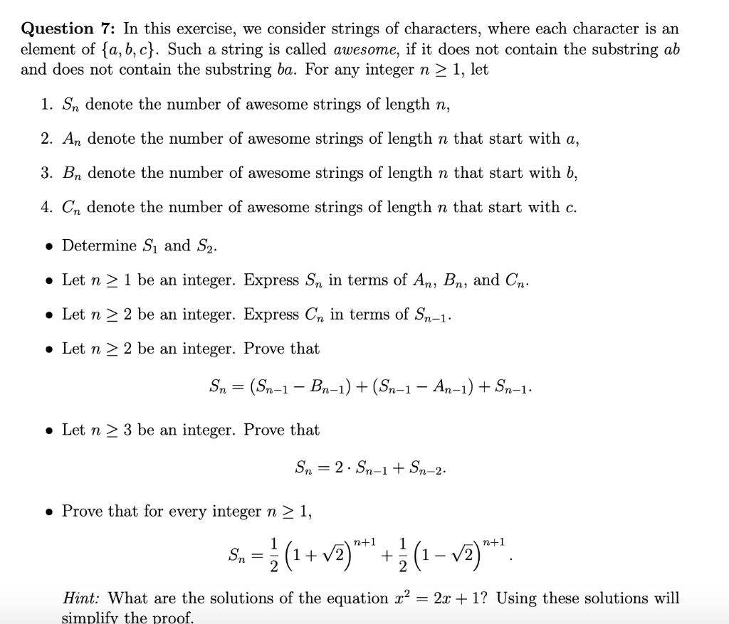 Solved Question 7 In This Exercise We Consider Strings Of 