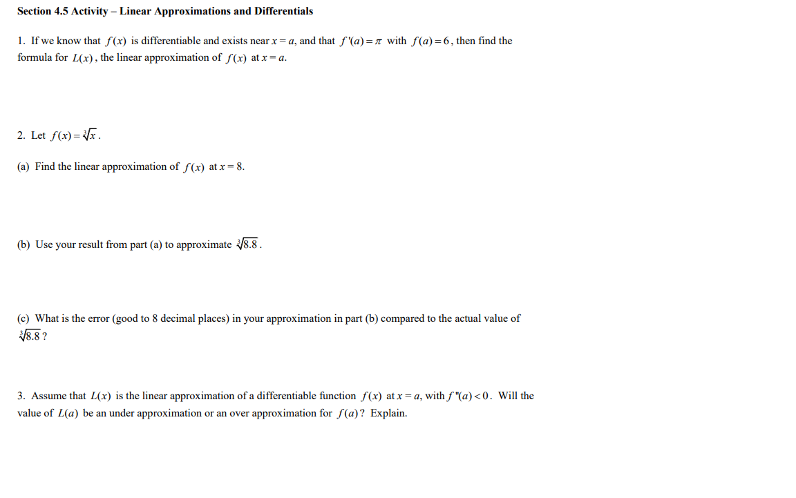 Solved Section 4.5 Activity - Linear Approximations and | Chegg.com