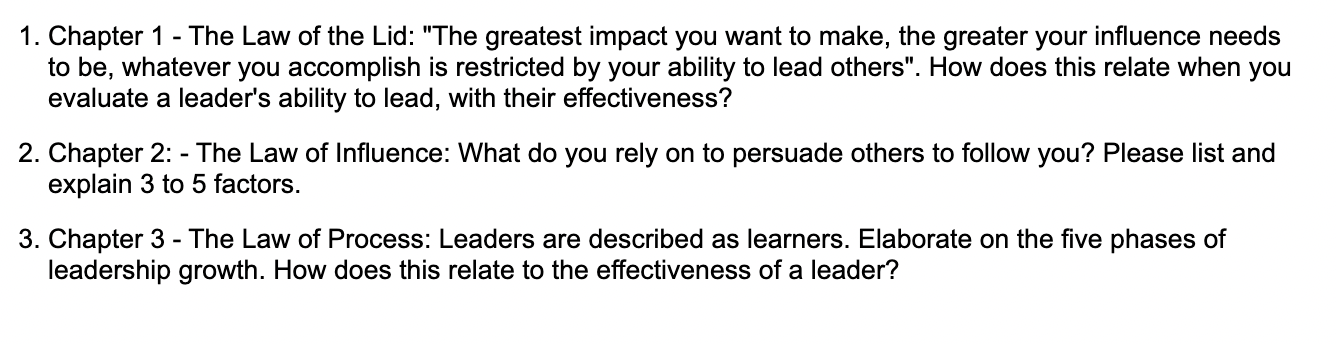 Solved 1. Chapter 1 - The Law of the Lid: "The greatest | Chegg.com