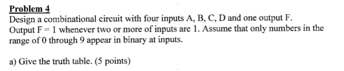 Solved Problem 4 Design a combinational circuit with four | Chegg.com