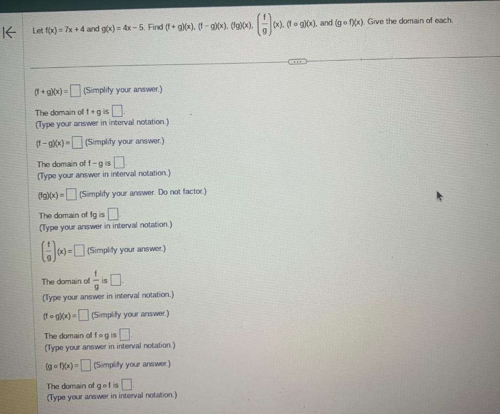 Solved Let f(x)=7x+4 and g(x)=4x−5. Find | Chegg.com