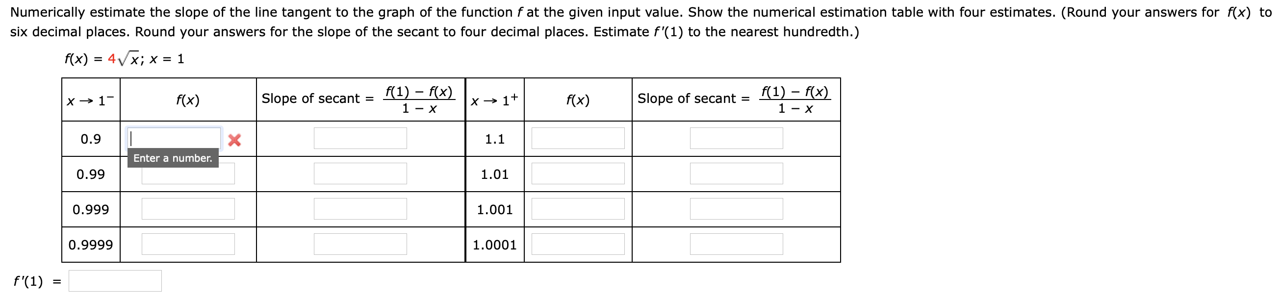 Solved Numerically estimate the slope of the line tangent to | Chegg.com