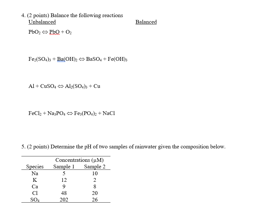 Solved 4. (2 points) Balance the following reactions | Chegg.com