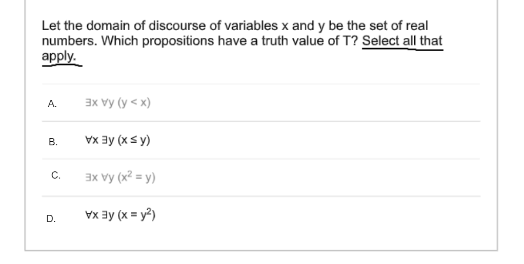 Solved Let the domain of discourse of variables x and y be | Chegg.com