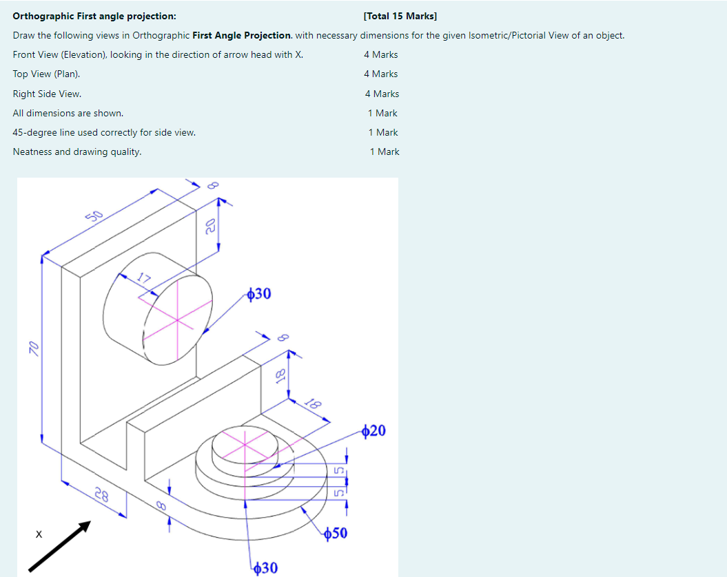 Solved Orthographic First angle projection: [Total 15 Marks) | Chegg.com