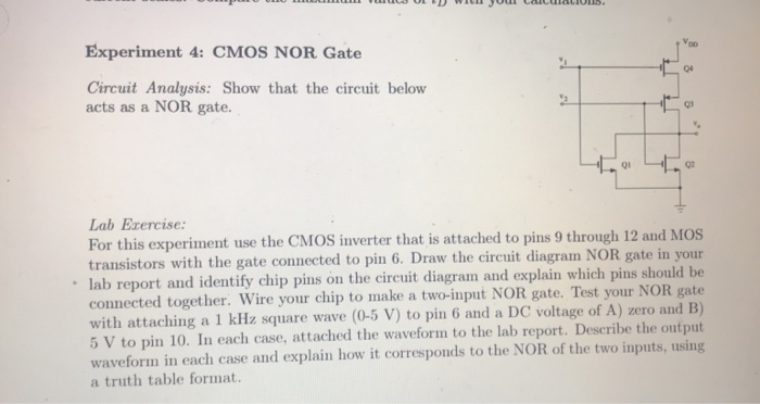 Solved VoD Experiment 4: CMOS NOR Gate 04 Circuit Analysis: | Chegg.com