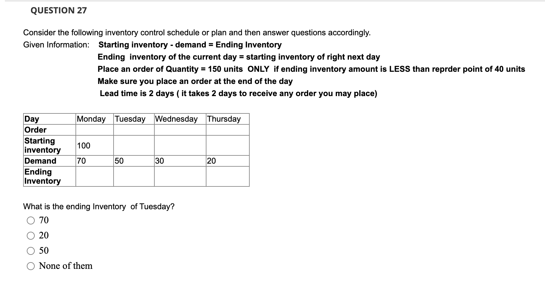 Solved QUESTION 27 = Consider the following inventory | Chegg.com