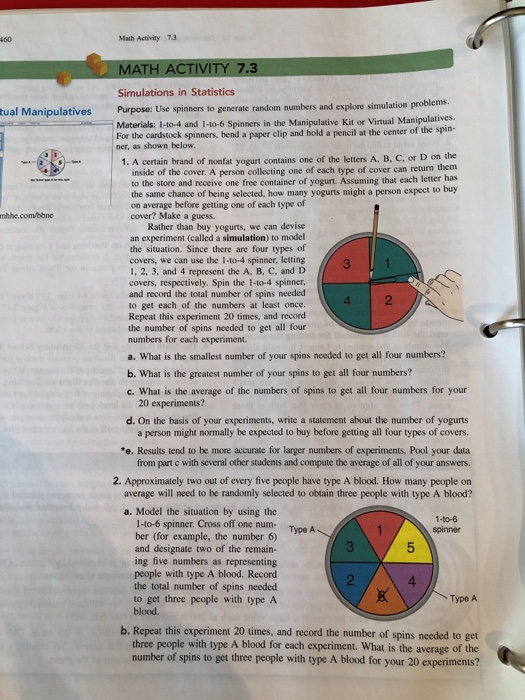 Solved 460 Math Activty 7.3 MATH ACTIVITY 7.3 Simulations in | Chegg.com