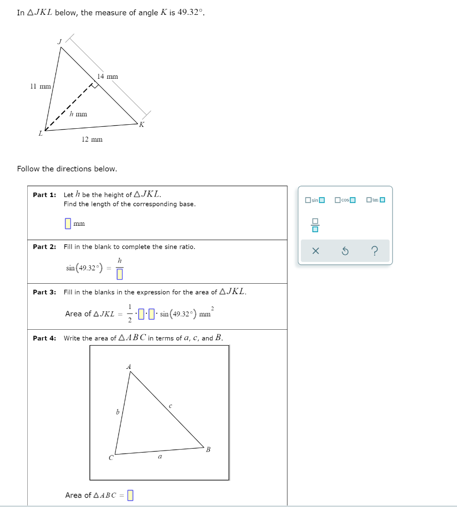 Solved In AJKL below, the measure of angle K is 49.32º 14 mm | Chegg.com