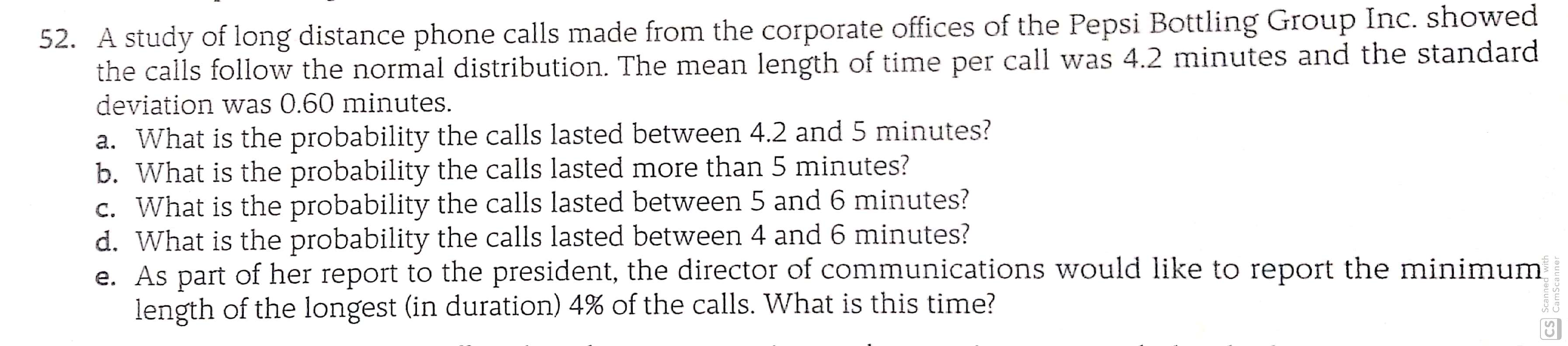 Solved 52. A study of long distance phone calls made from | Chegg.com