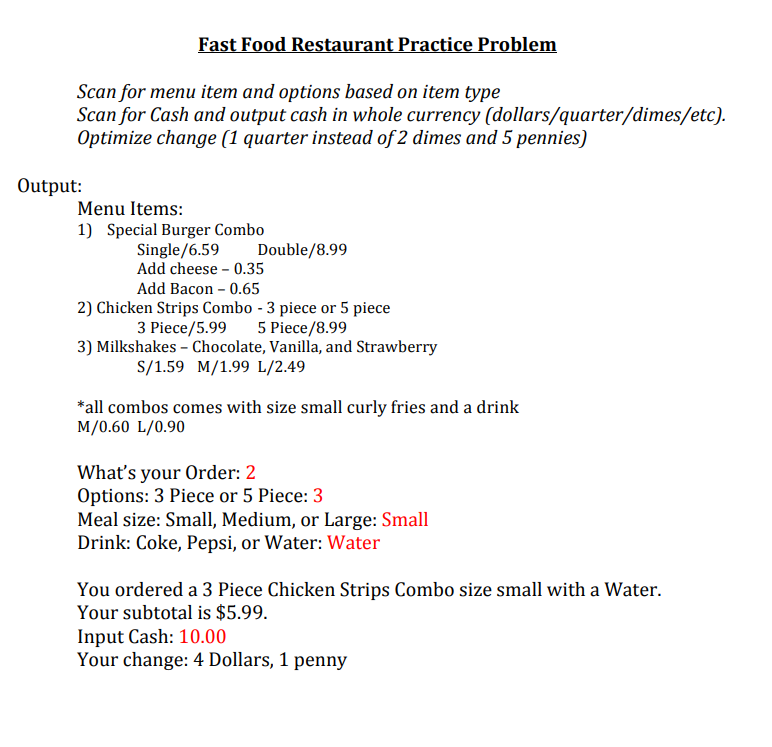 Solved Fast Food Restaurant Practice Problem Scan for menu | Chegg.com