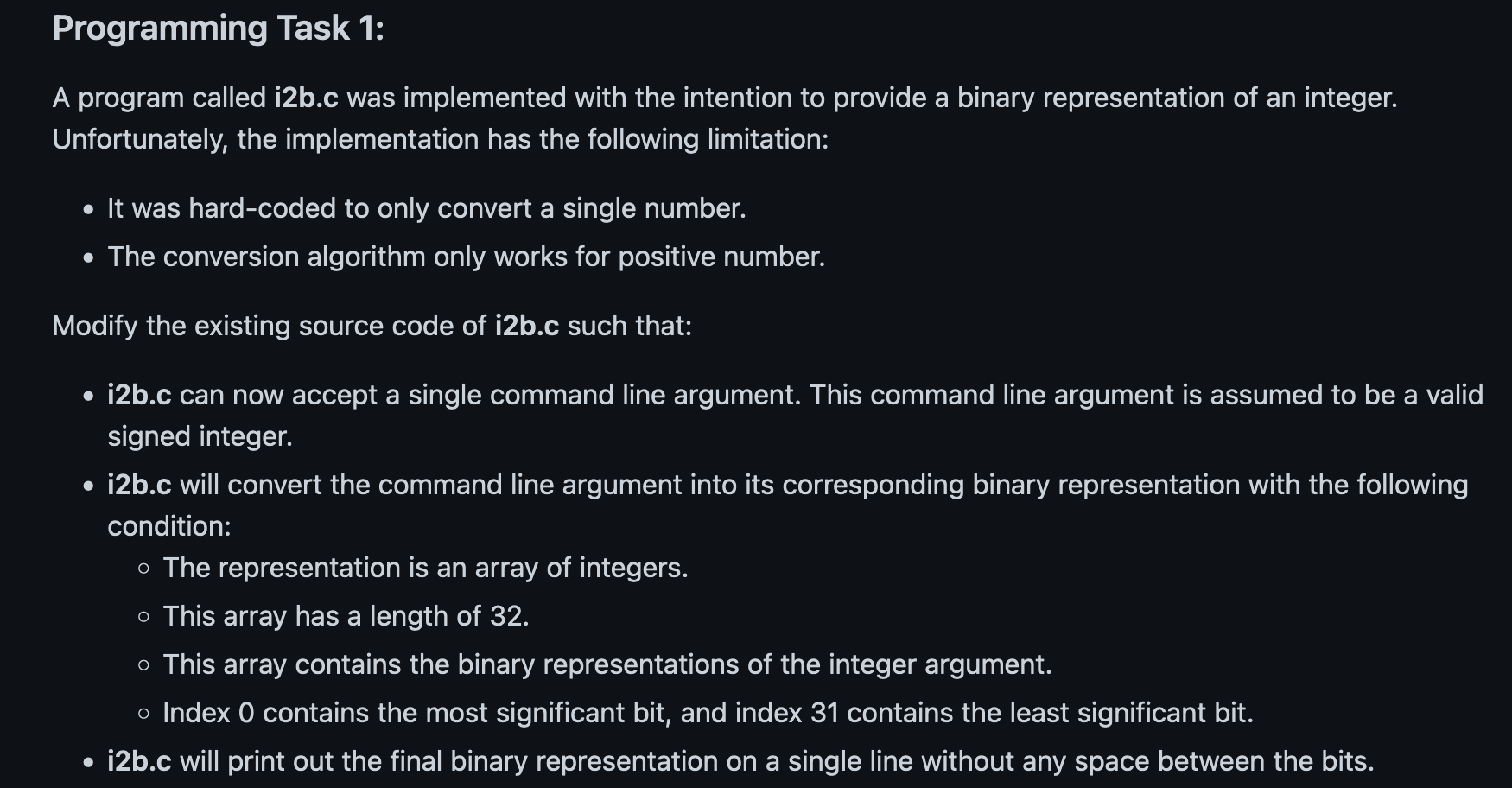 Solved Programming Task 1: A program called i2b.c was | Chegg.com