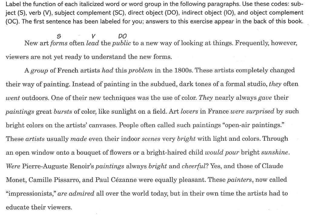 Label the function of each italicized word or word | Chegg.com