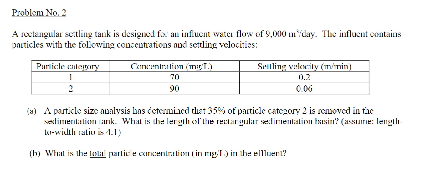 Solved A rectangular settling tank is designed for an | Chegg.com