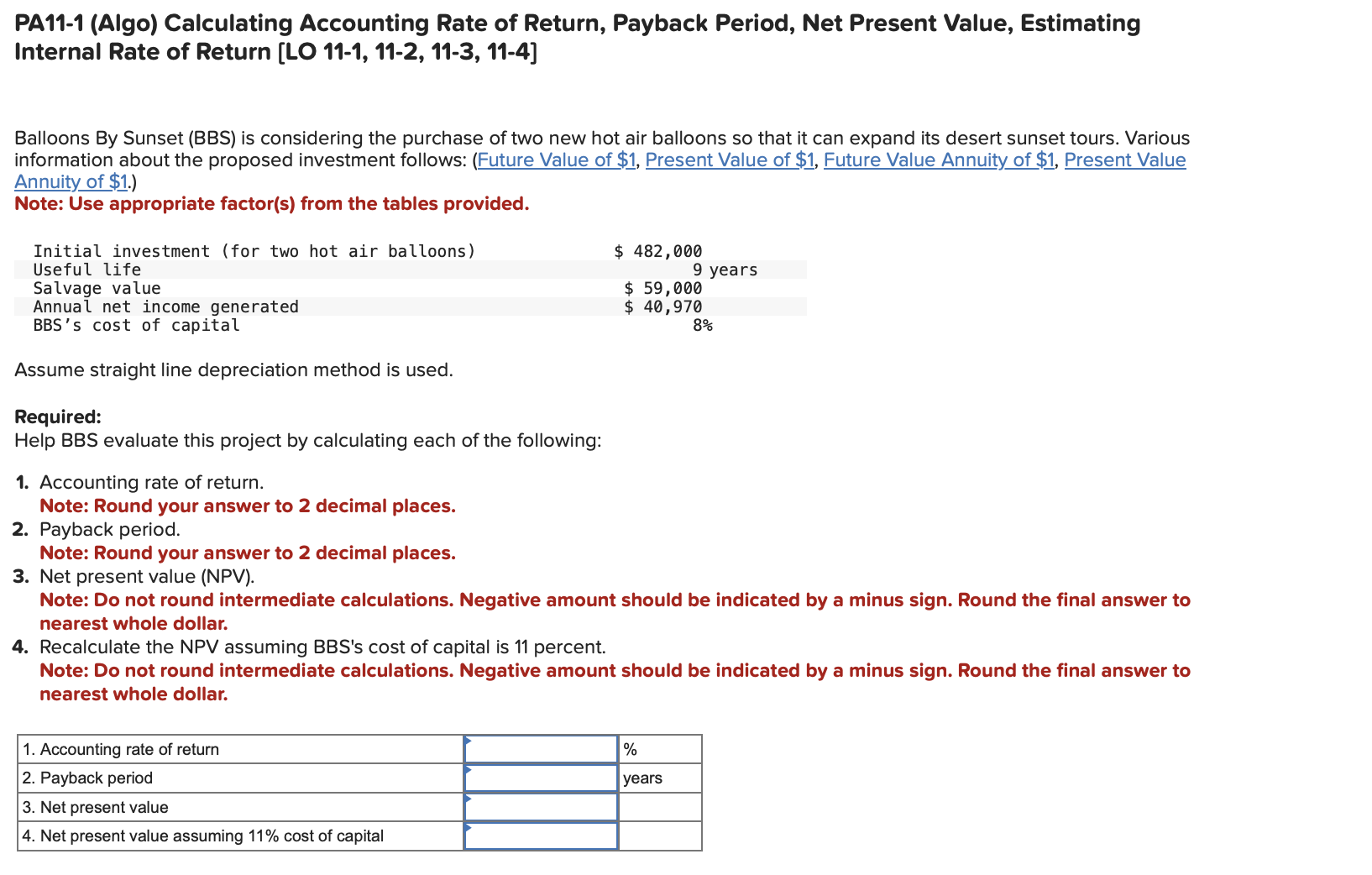 Solved PA11-1 (Algo) ﻿Calculating Accounting Rate of Return, | Chegg.com