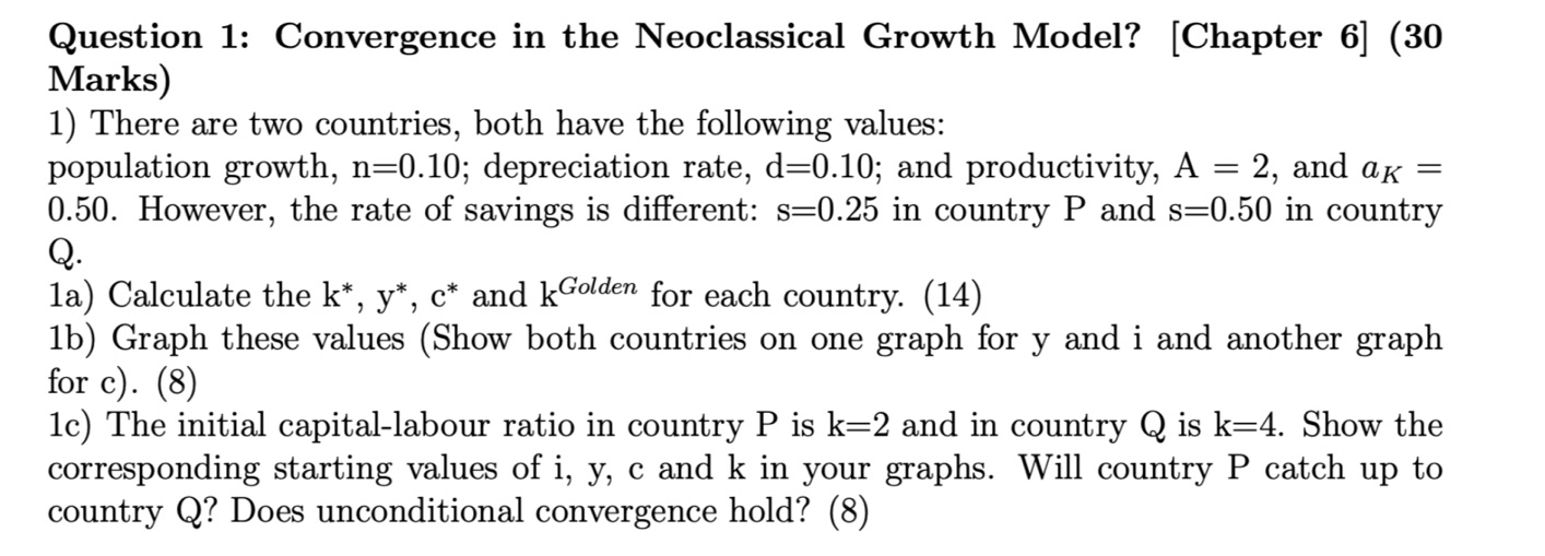 Question 1: Convergence in the Neoclassical Growth | Chegg.com