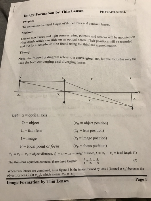 Image Formation by Thin Lenses Purpose To determine | Chegg.com